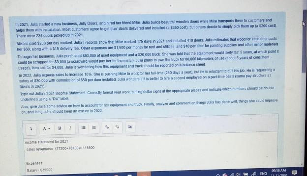 Solved in 2021, Julia started a new business, Joby Doors, | Chegg.com