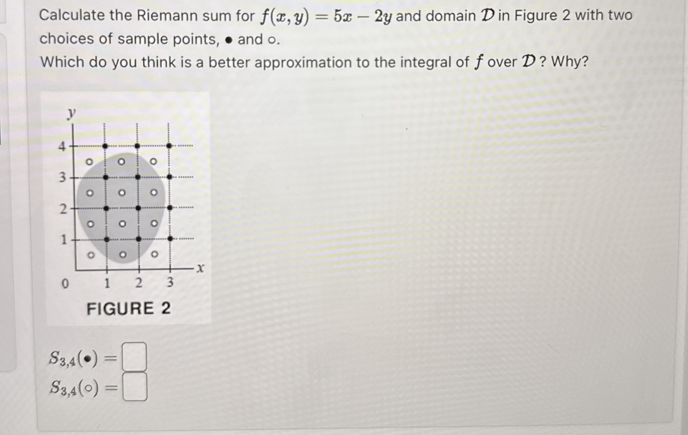 Solved Calculate the Riemann sum for f(x,y)=5x-2y ﻿and | Chegg.com