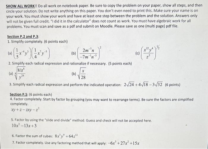 Solved SHOW ALL WORK!I Do all work on notebook paper. Be | Chegg.com