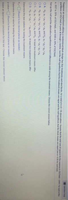 Solved Suppose an experiment utilizing a randomized block | Chegg.com