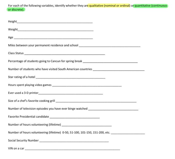 Solved For each of the following variables, identify whether | Chegg.com