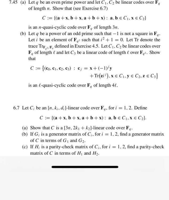 Solved 7.45 (a) ﻿Let q ﻿be an even prime power and let C1,C2 | Chegg.com