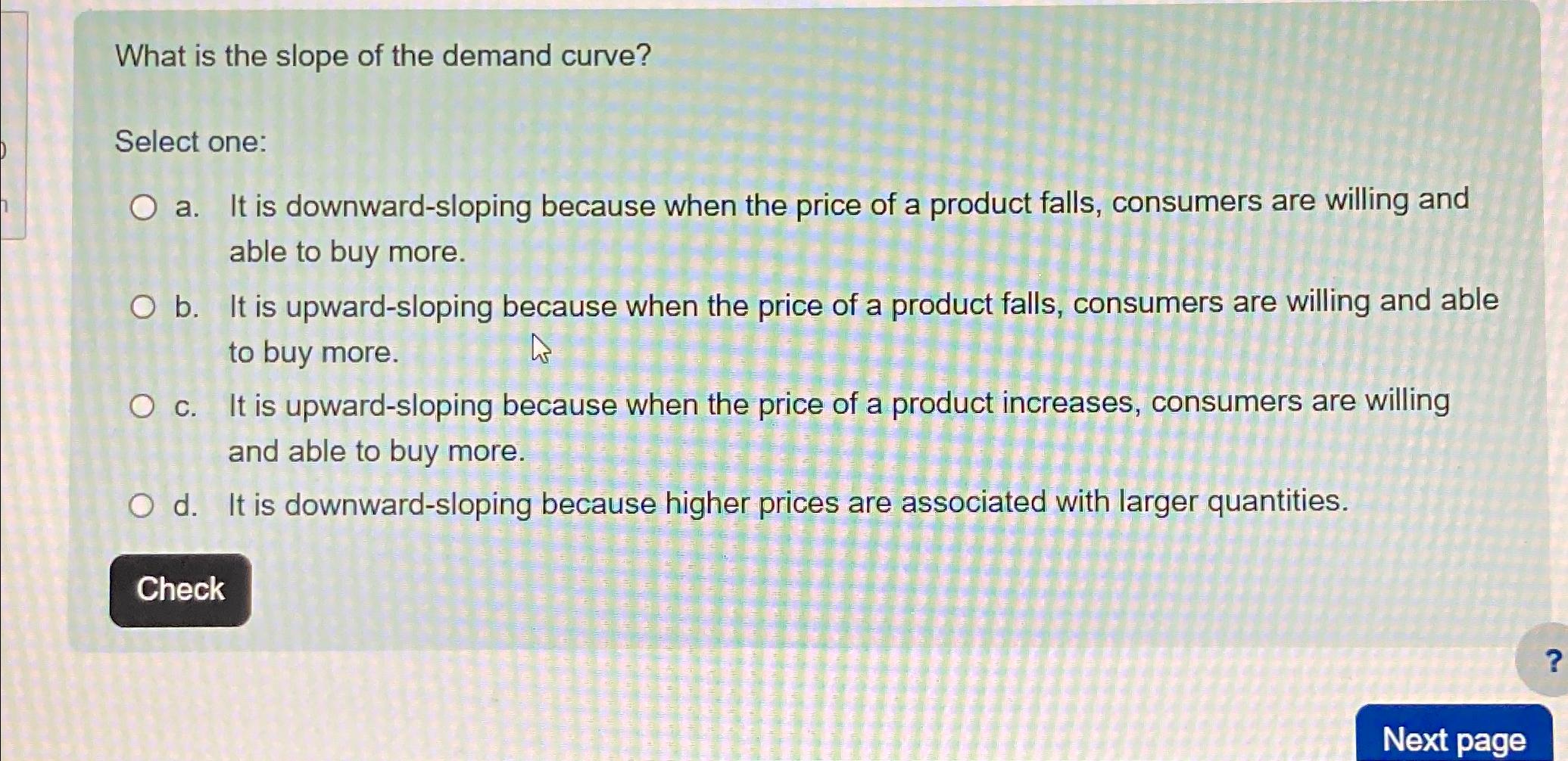 Solved What is the slope of the demand curve?Select one:a. | Chegg.com