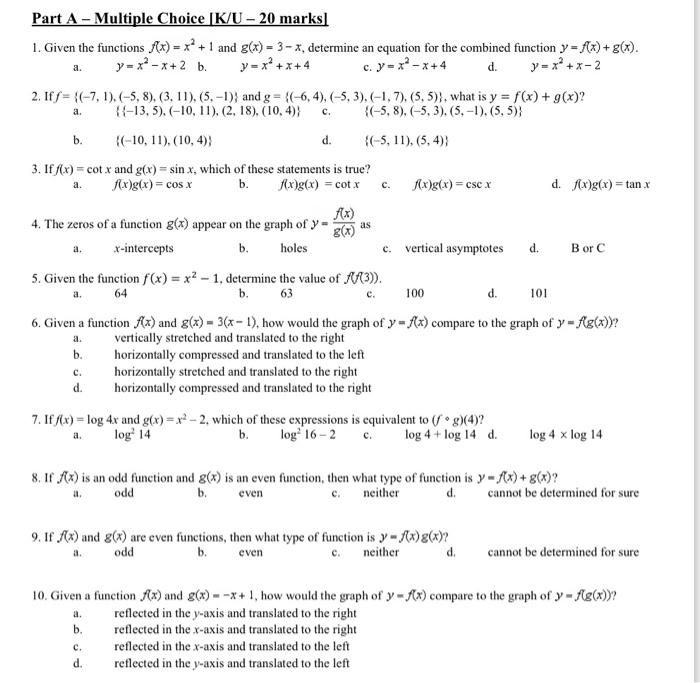 Solved Part A - Multiple Choice [K/U-20 marks] 1. Given the | Chegg.com