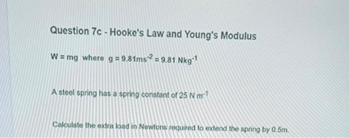 Solved Question 7c - Hooke's Law and Young's Modulus W = mg | Chegg.com