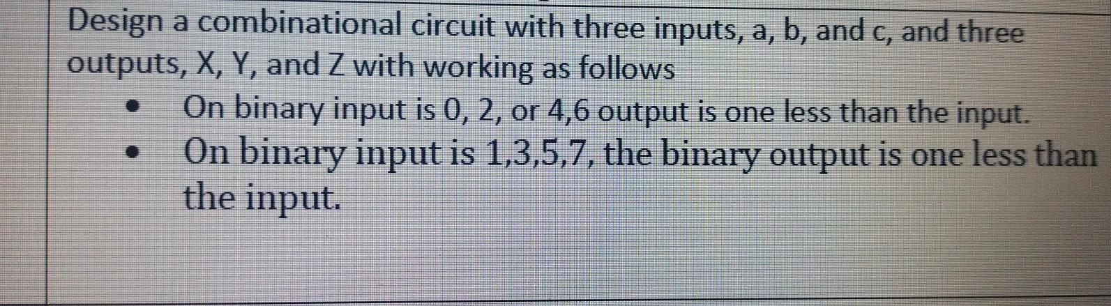 Solved Design a combinational circuit with three inputs, a, | Chegg.com
