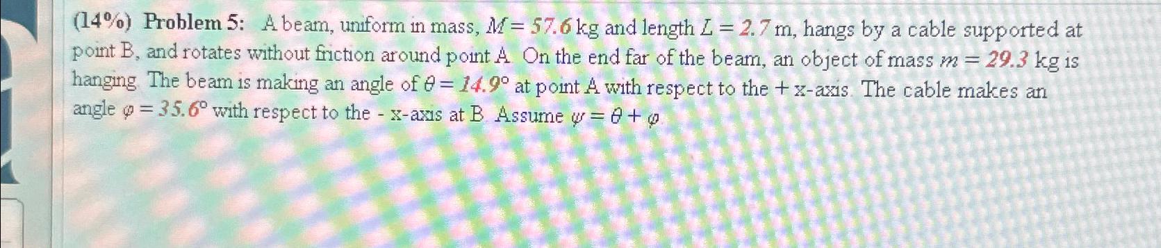 Solved (14%) Problem 5: A beam, uniform in mass, M=57.6kg | Chegg.com