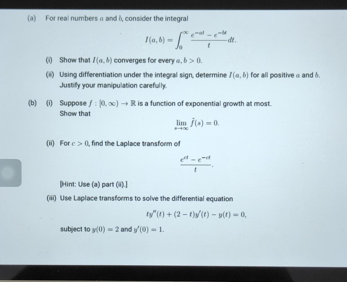 Solved (b) (i) Suppose f: [0, ∞o)→ R is a function of | Chegg.com