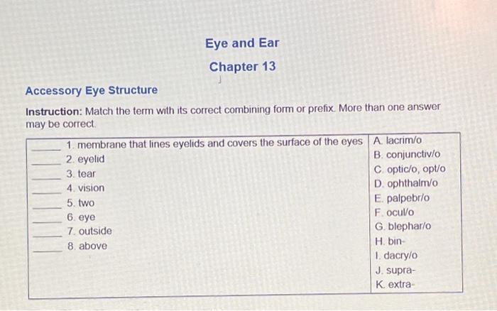 Accessory Eye Structure Instruction: Match the term | Chegg.com