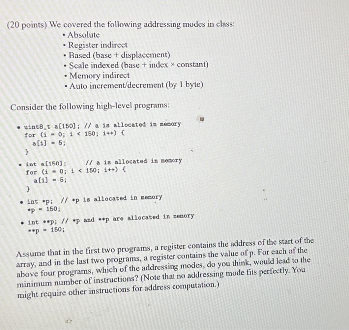 Solved (20 points) We covered the following addressing modes | Chegg.com
