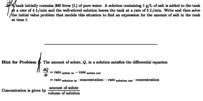 Solved tank initially contains 200 litres (L) of pure water. | Chegg.com