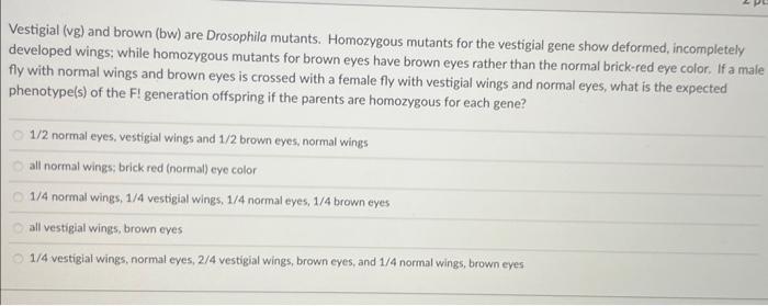 Solved Vestigial (vg) and brown (bw) are Drosophila mutants. | Chegg.com