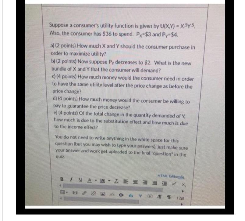 Solved Suppose a consumer's utility function is given by | Chegg.com