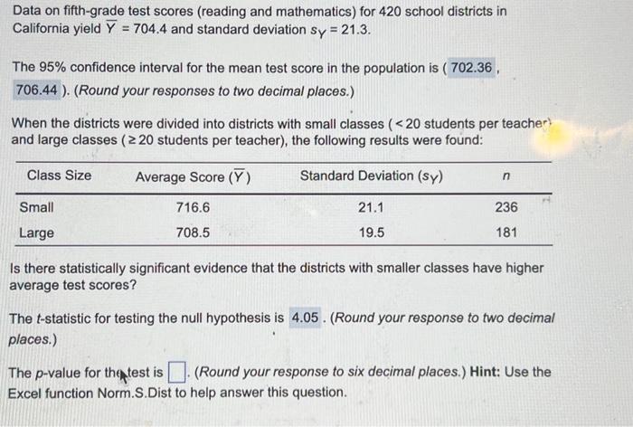 Solved Data on fifth-grade test scores (reading and | Chegg.com