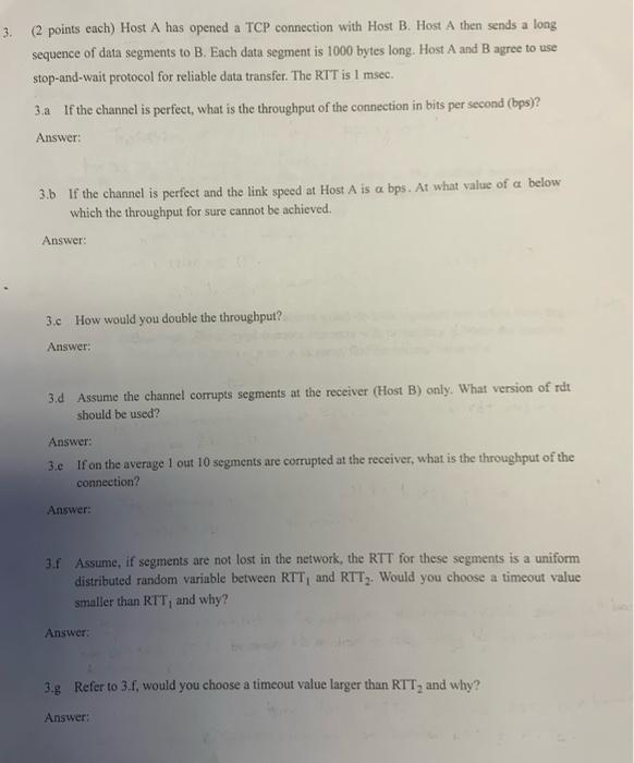 Solved (2 points each) Host A has opened a TCP connection | Chegg.com