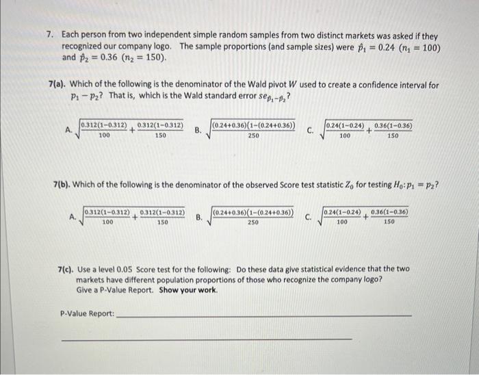 Solved 7. Each person from two independent simple random | Chegg.com