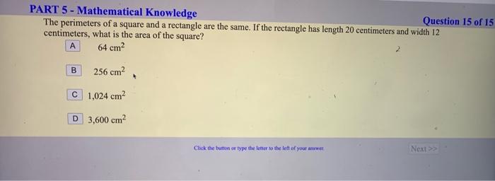 Solved PART 5 - Mathematical Knowledge Question 15 of 15 The | Chegg.com