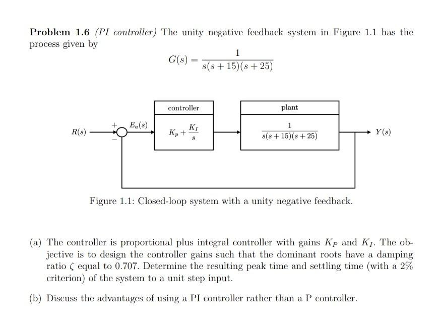 Problem 1.6 (PI controller) The unity negative | Chegg.com