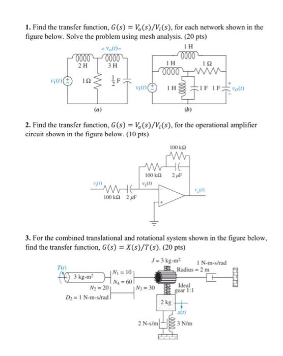 Solved 1. Find the transfer function, G(s)=Vo(s)/Vi(s), for | Chegg.com