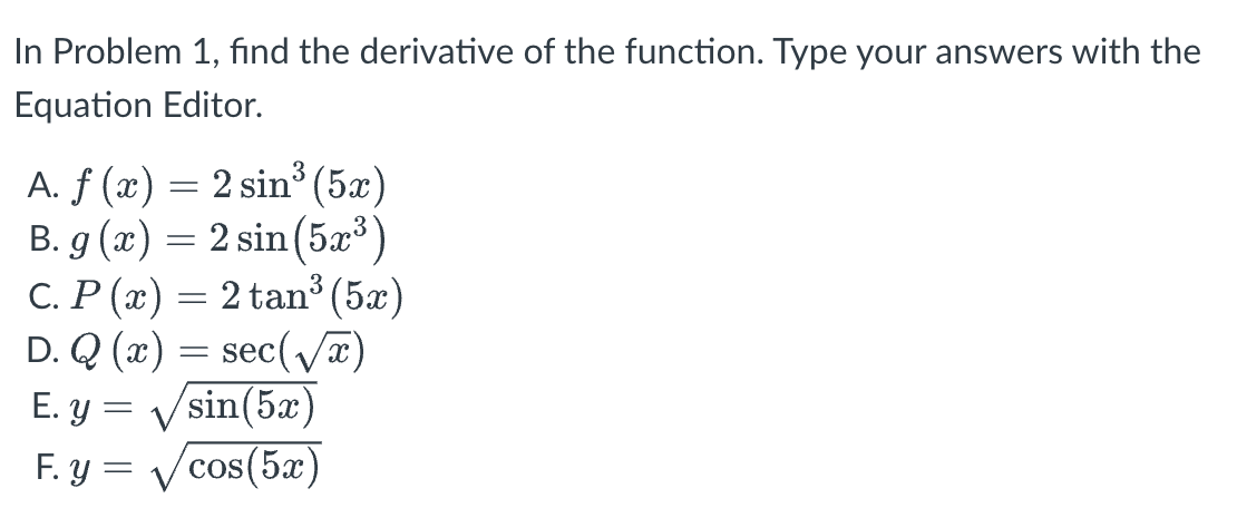 Solved In Problem 1, ﻿find the derivative of the function. | Chegg.com