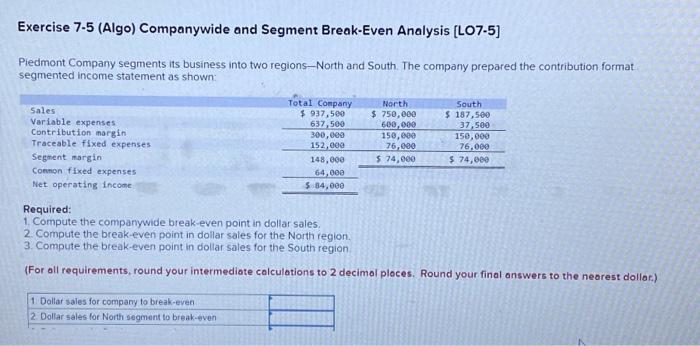 Solved Exercise 7-5 (Algo) Companywide and Segment | Chegg.com