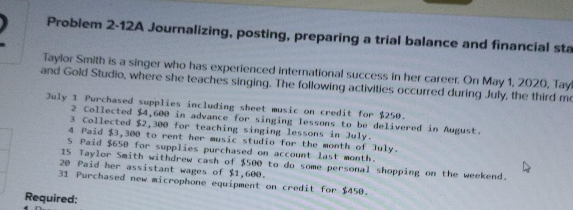 Solved Problem 2-12A Journalizing, posting, preparing a | Chegg.com