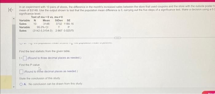 Solved In an experiment with 10 pairs of stores, the | Chegg.com