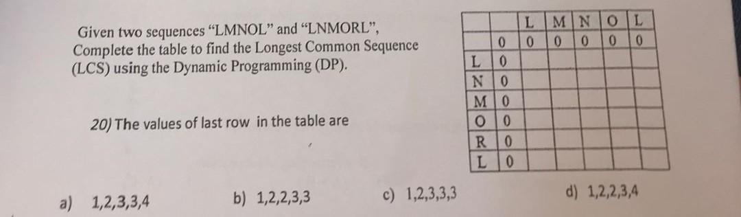 Solved Given two sequences "LMNOL" and "LNMORL", Complete | Chegg.com