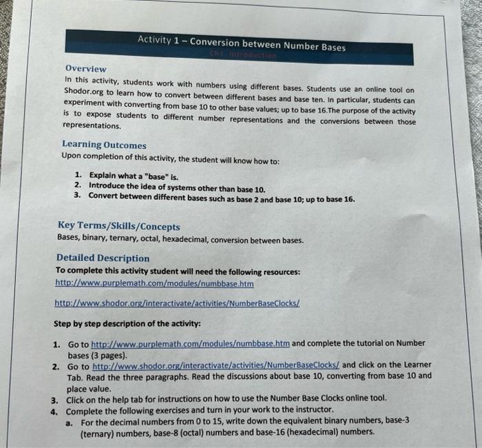 Solved Activity 1 - Conversion between Number Bases Overview | Chegg.com