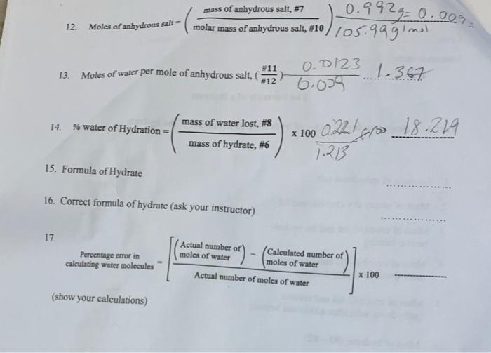 Solved mass of anhydrous salt, #7 molar mass of anhydrous | Chegg.com