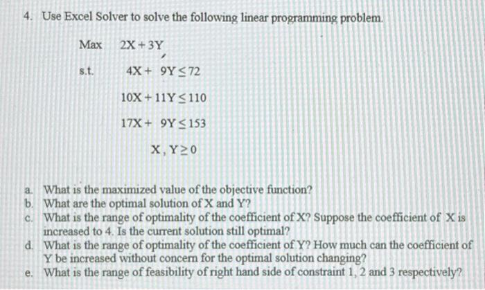 Solved 4. Use Excel Solver to solve the following linear | Chegg.com
