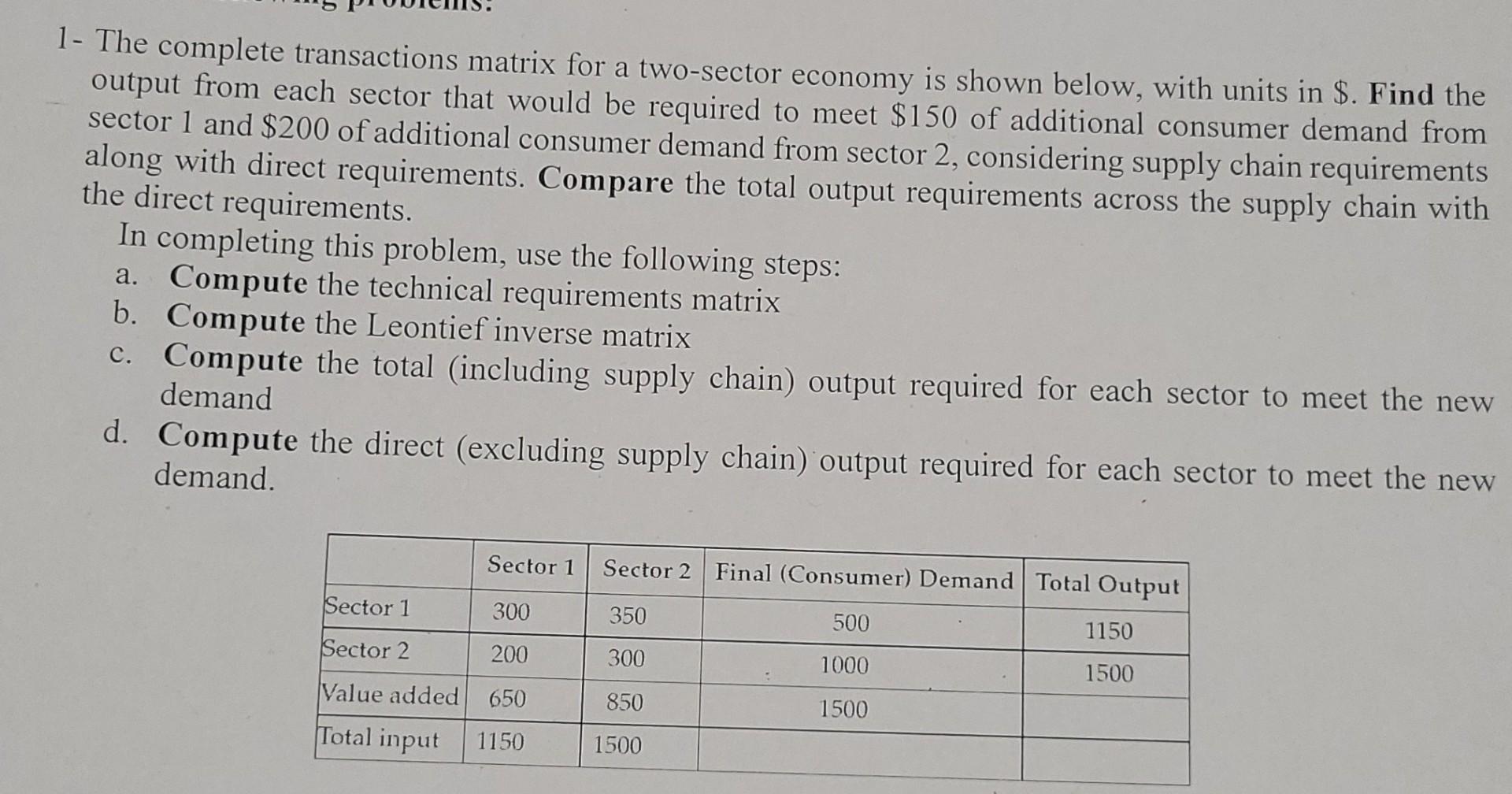 1- The complete transactions matrix for a two-sector | Chegg.com
