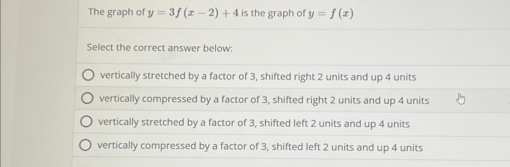 Solved The graph of y=3f(x-2)+4 ﻿is the graph of | Chegg.com