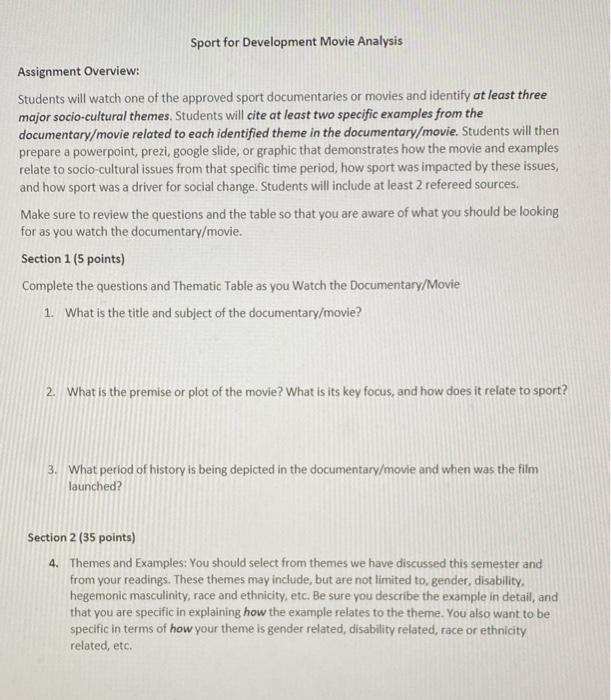 Sport for Development Movie Analysis Assignment | Chegg.com