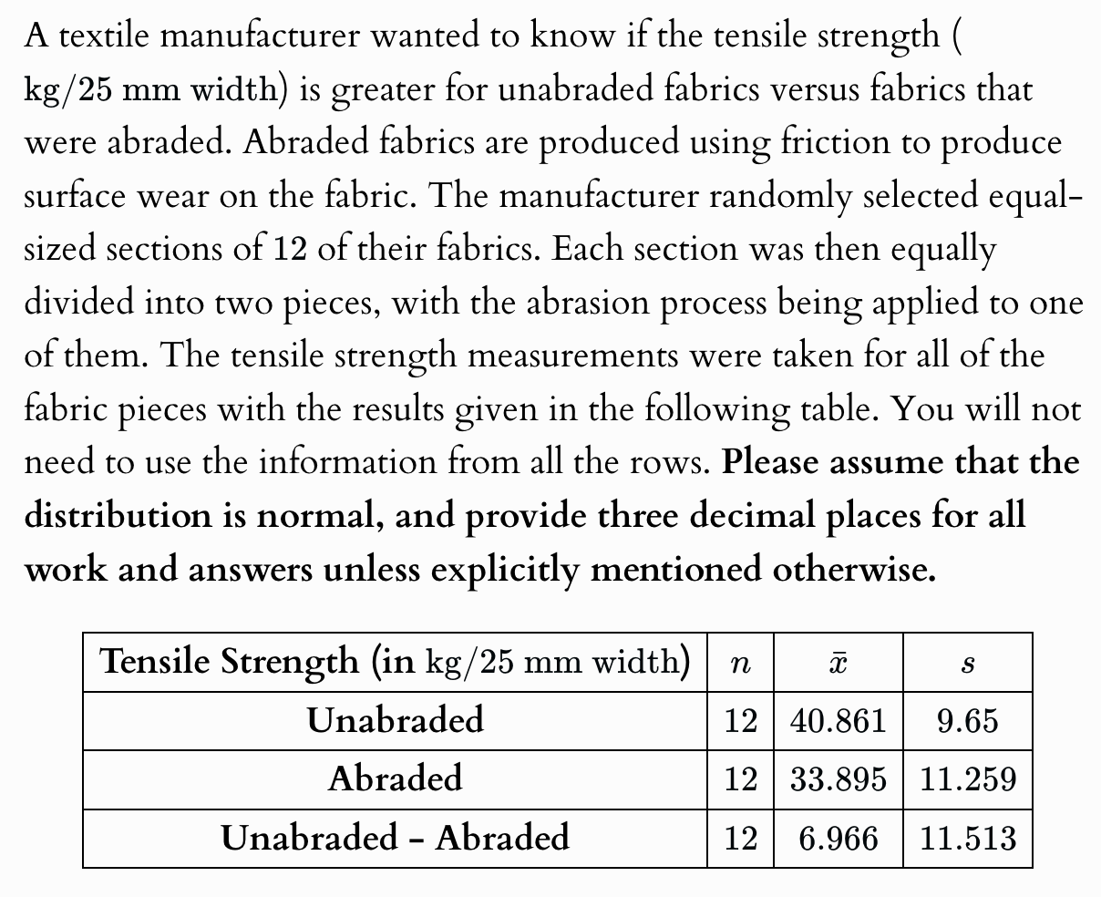 Solved A textile manufacturer wanted to know if the tensile | Chegg.com