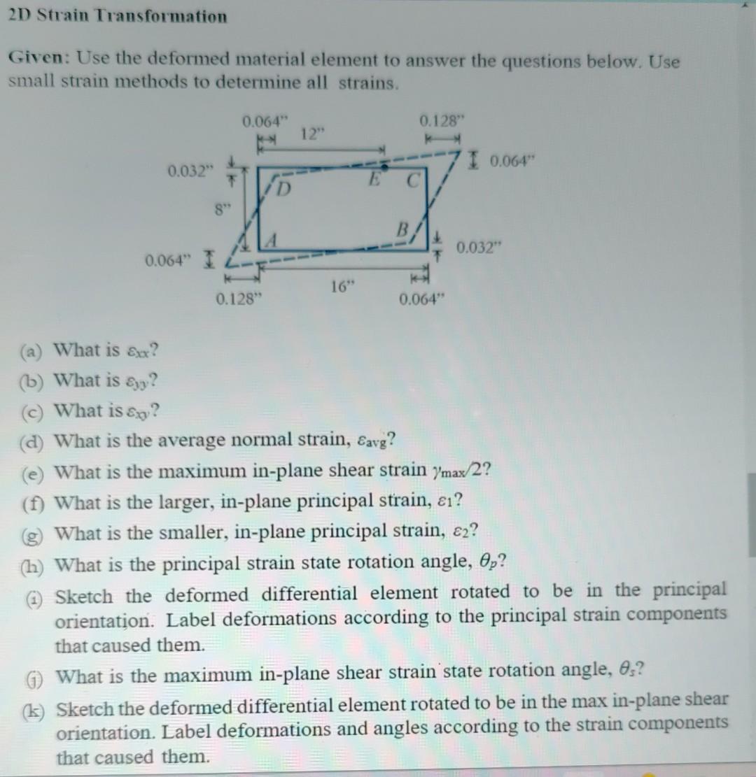 Solved 2D Strain Transformation Given: Use the deformed | Chegg.com