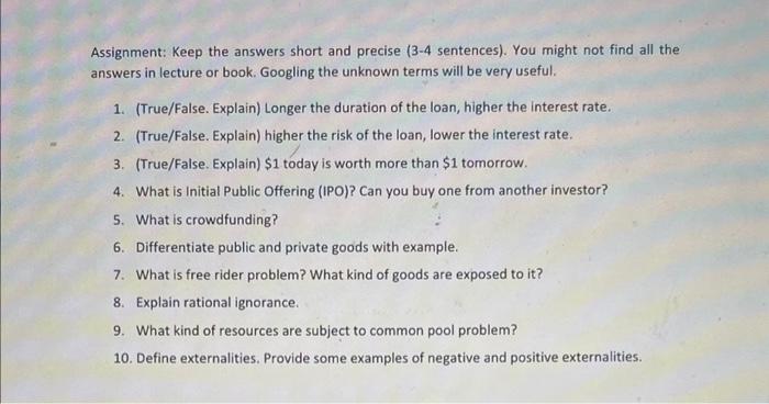 Solved Assignment: Keep the answers short and precise (3-4 | Chegg.com