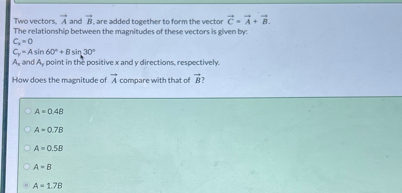 Solved Two vectors, vec(A) ﻿and vec(B), ﻿are added together | Chegg.com