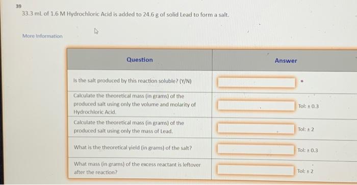 Solved 39 33.3 mL of 1.6M Hydrochloric Acid is added to 24.6 | Chegg.com