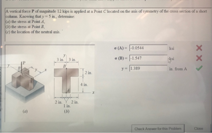 Solved A vertical force P of magnitude 12 kips is applied at | Chegg.com