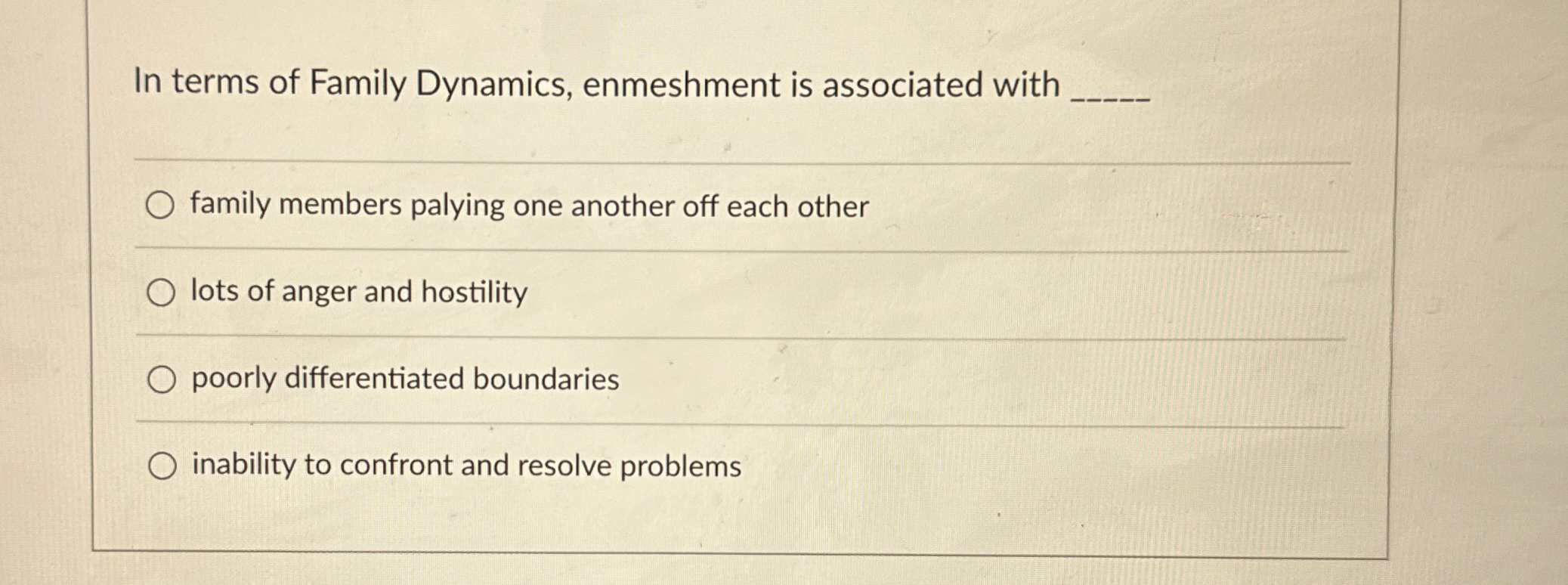 Solved In terms of Family Dynamics, enmeshment is associated | Chegg.com