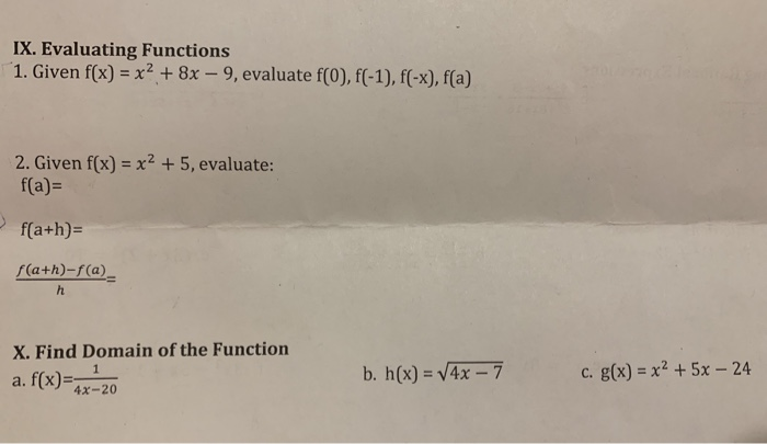 Solved Ix Evaluating Functions 1 Given F X X2 8x 9