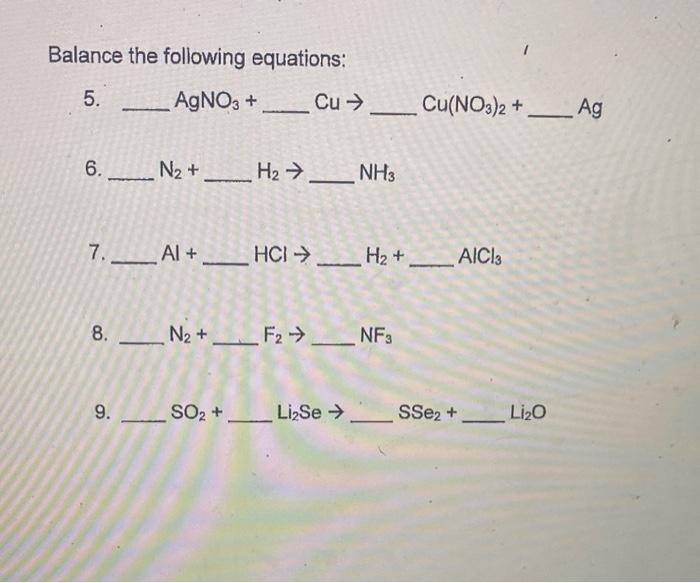 Solved Salance the following equations: 5. AgNO3+ Cu→ | Chegg.com