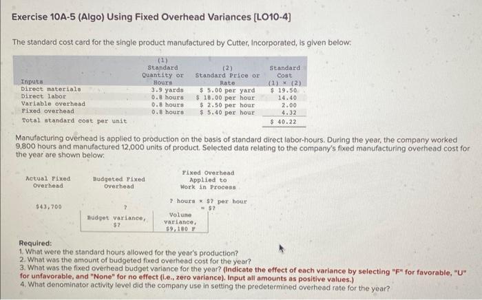 Solved Exercise 10A-5 (Algo) Using Fixed Overhead Variances | Chegg.com
