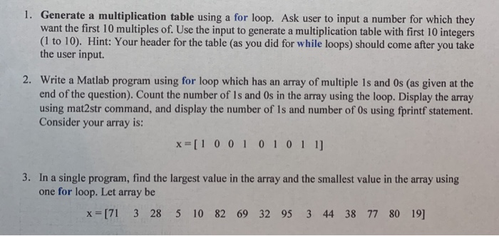 Solved 1 Generate A Multiplication Table Using A For Loop 2691