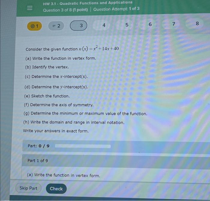 Solved ||| 01 HW 3.1 - Quadratic Functions and Applications | Chegg.com
