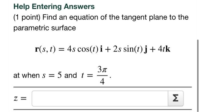 Solved Help Entering Answers (1 point) Find an equation of | Chegg.com