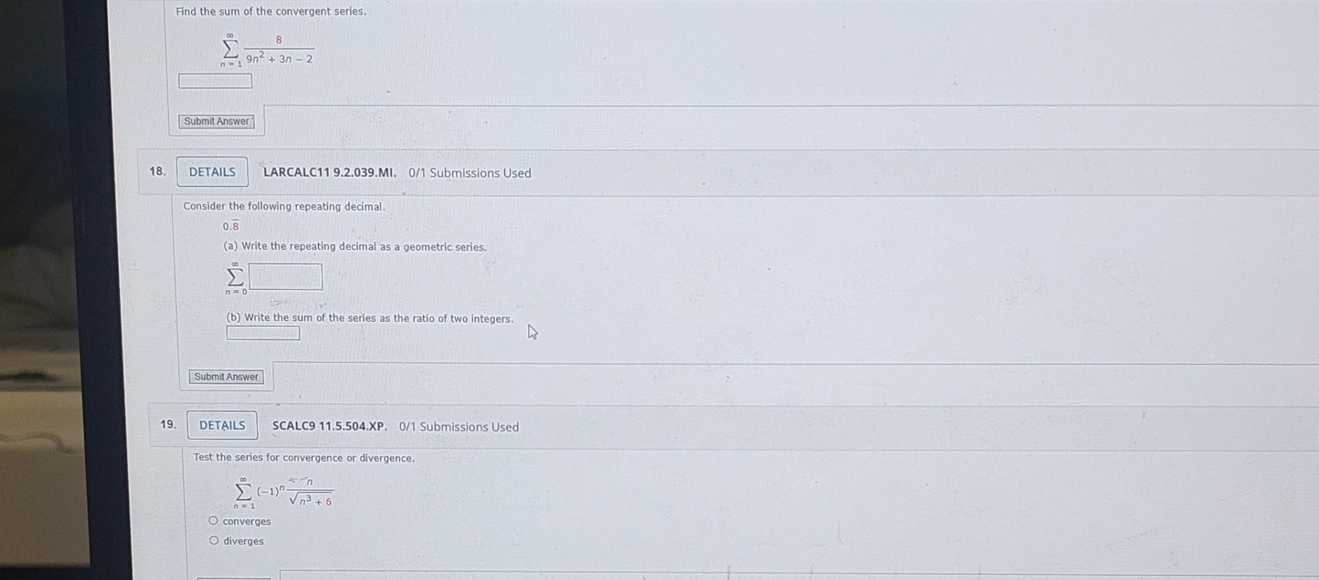 Solved Find the sum of the convergent series. ∑n=1∞9n2+3n−28 | Chegg.com