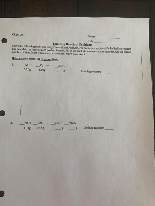 Solved Chem 200 Name: Lab: Limiting Reactant Problems Solve | Chegg.com