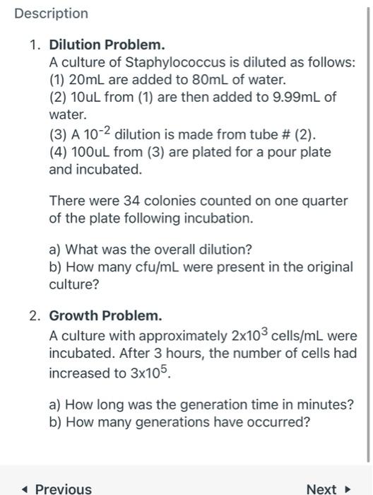 Solved Description 1. Dilution Problem. A culture of | Chegg.com